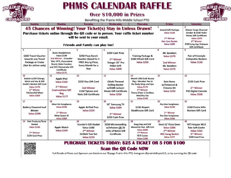 2024 Prairie Hills Middle School PTO Calendar Raffle | Raffle Creator