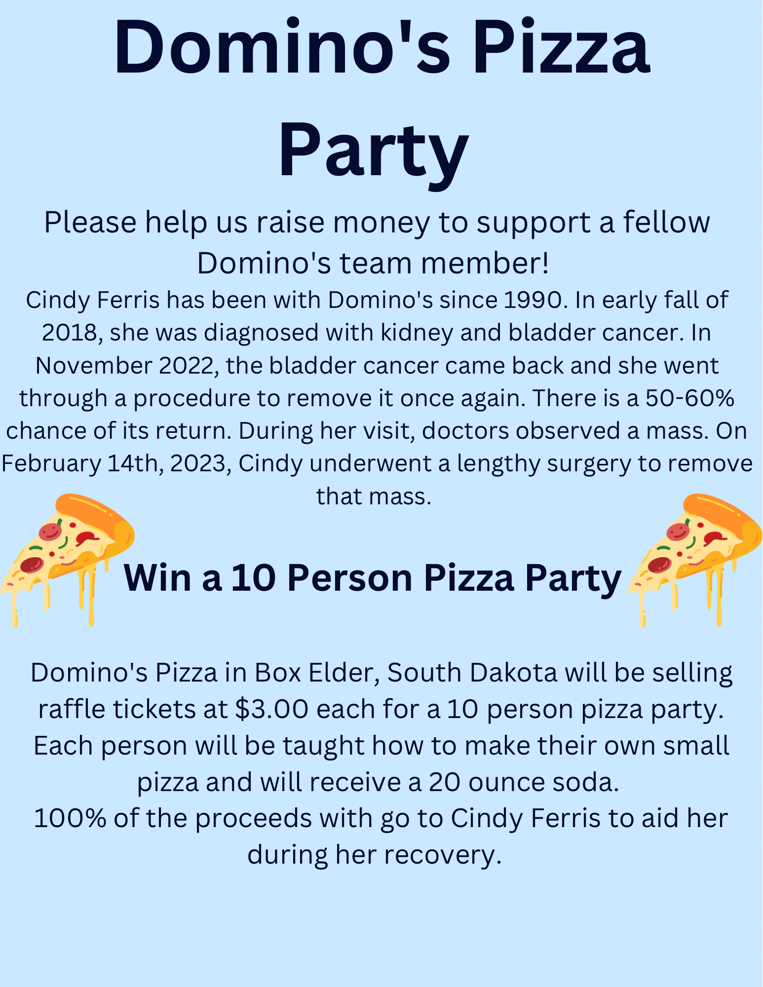 Dominos Pizza Fundraiser for Cindy Ferris | Raffle Creator
